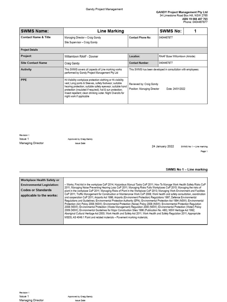 SWMS No 1 Linemarking v1 | PDF | Occupational Safety And Health | Risk