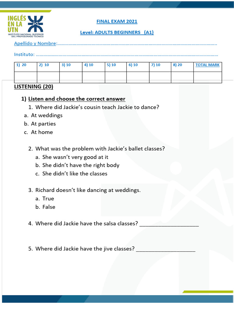 Beginner Adult English Exam | PDF