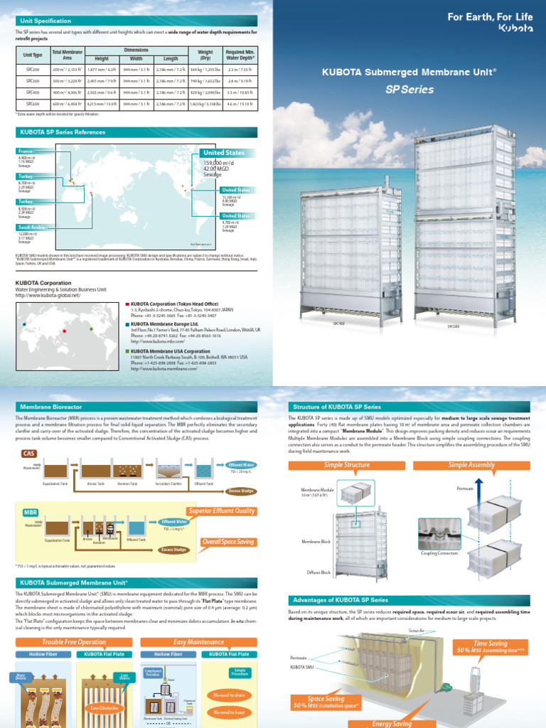KUBOTA Submerged Membrane Unit SP Series | PDF | Waste Treatment ...
