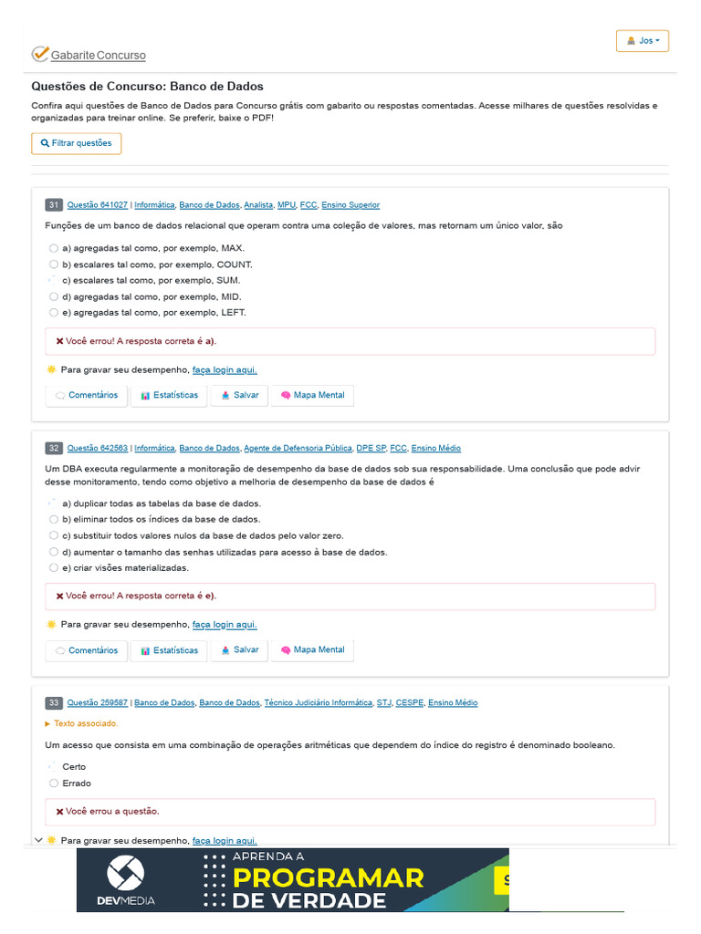 Questões Banco de Dados Concurso Com Gabarito Ou Comentadas4 | PDF | Bancos de dados | Informática