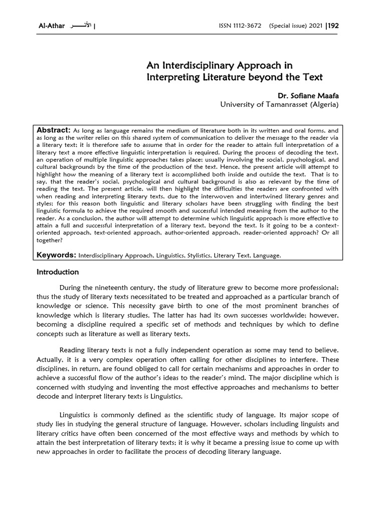 21 An Interdisciplinary Approach in Interpreting Literature Beyond The Text | PDF | Linguistics ...