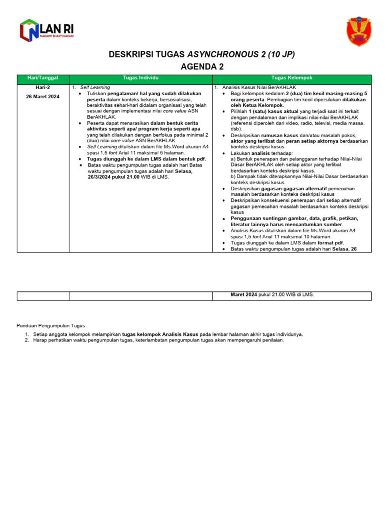 Deskripsi Tugas Asynchronous 2 (10 JP) Agenda 2: Hari/Tanggal Tugas Individu Tugas Kelompok | PDF