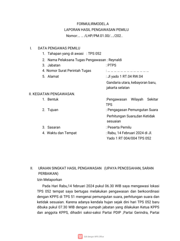 FORMULIR MODEL A 14 Feb TPS 052 | PDF FORMULIR MODEL A 14 Feb TPS 052 | PDF