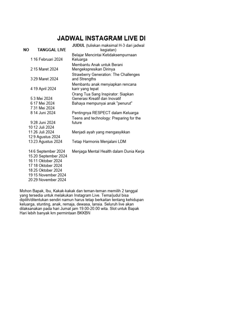 Jadwal Instagram Live Keluarga 2024 | PDF | Pengembangan Diri | Kesehatan Holistik