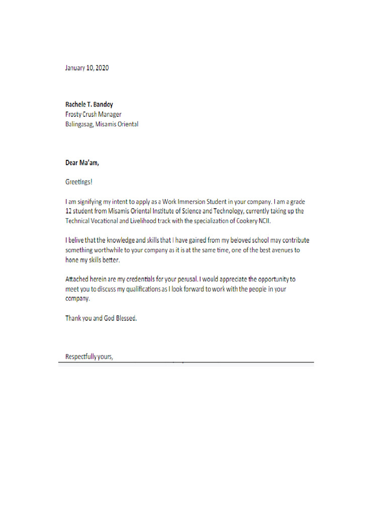 application letter for work immersion | PDF