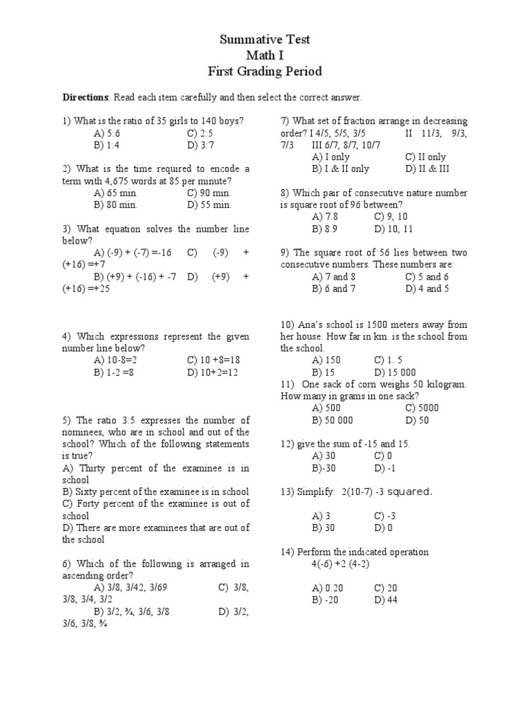 Summative Test-mAth 1 | Celsius | Square Root
