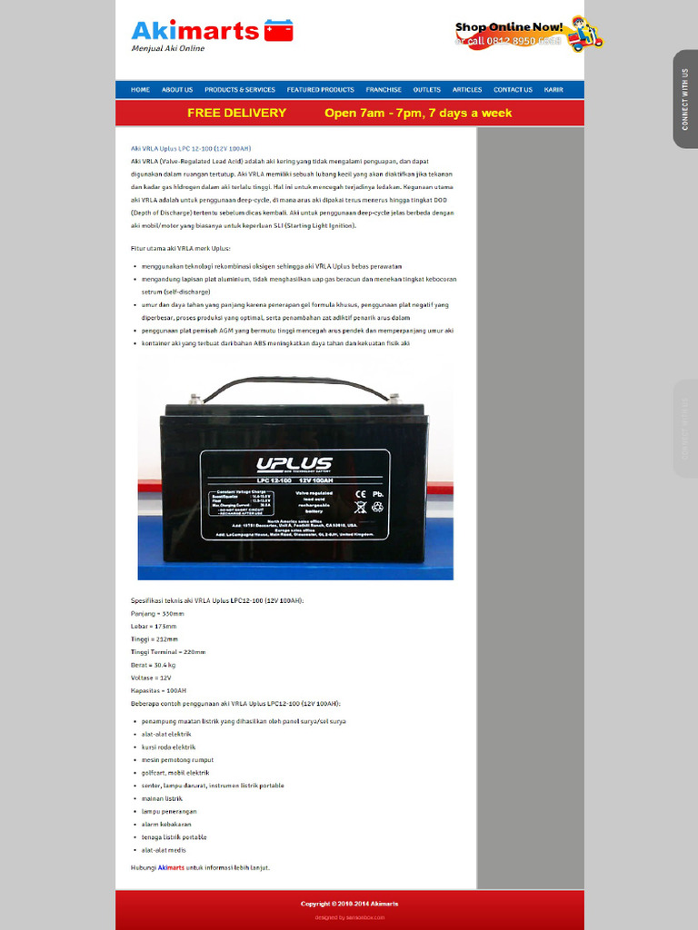 Spesifikasi Teknis Aki VRLA Uplus LPC12-100 (12V 100AH) | PDF