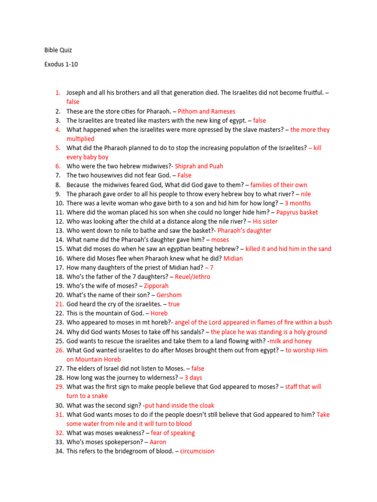Bible Quiz exodus 1-10 | PDF | Moses | Book Of Exodus