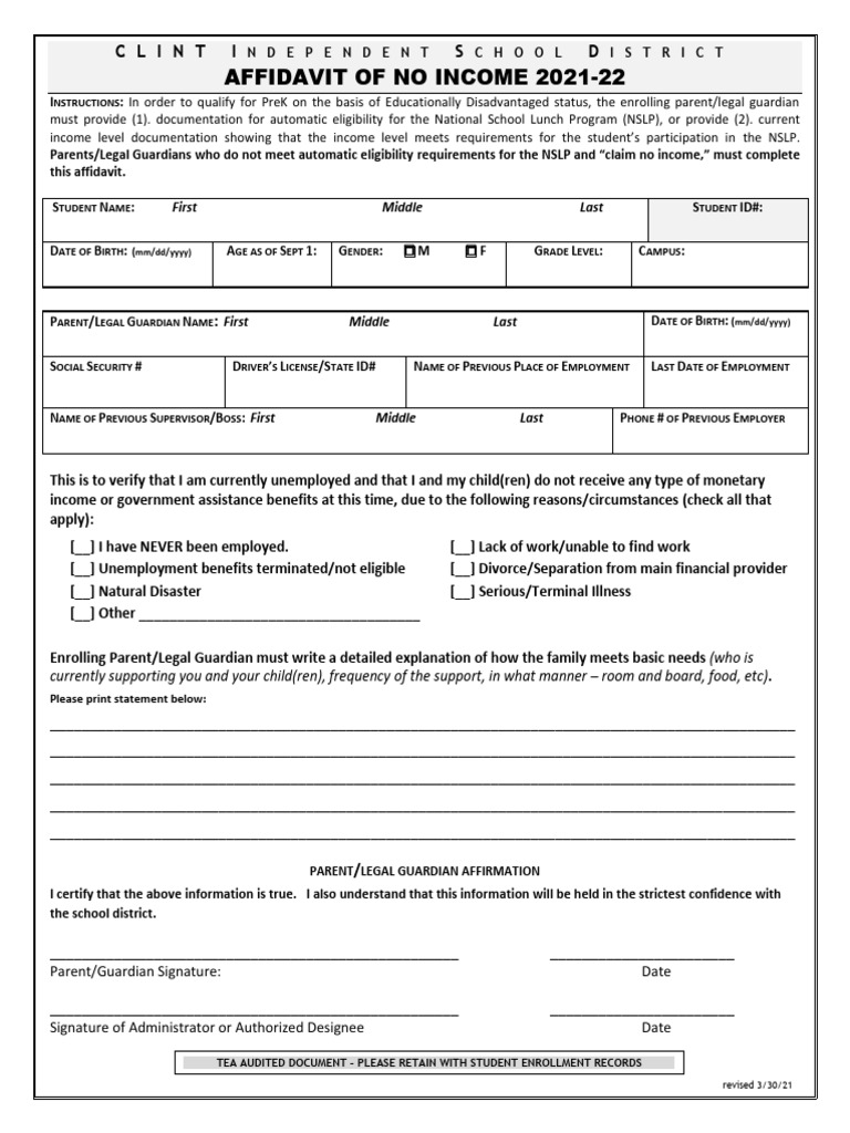 Affidavit - of - No - Income - School - Forms | PDF