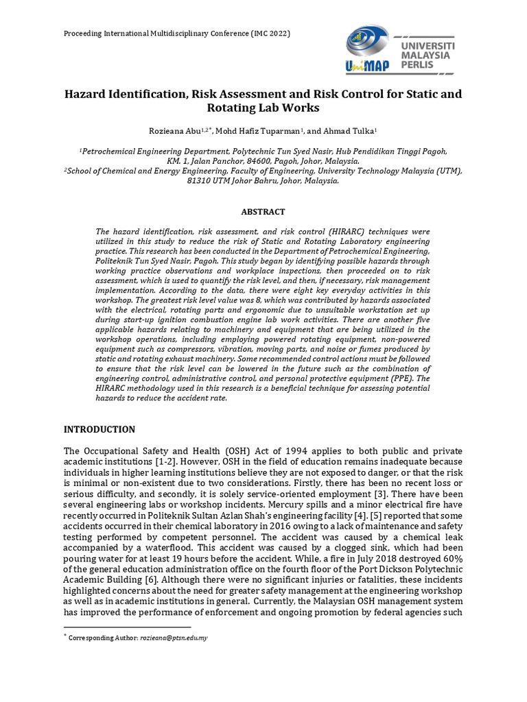 HIRARC for Static and Rotating Labs | PDF | Risk | Occupational Safety ...