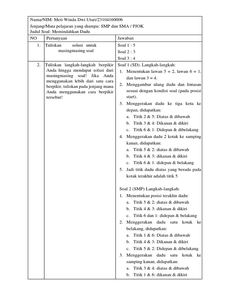 Soal PJOK: Memindahkan Dadu | PDF | Metode & Bahan Ajar