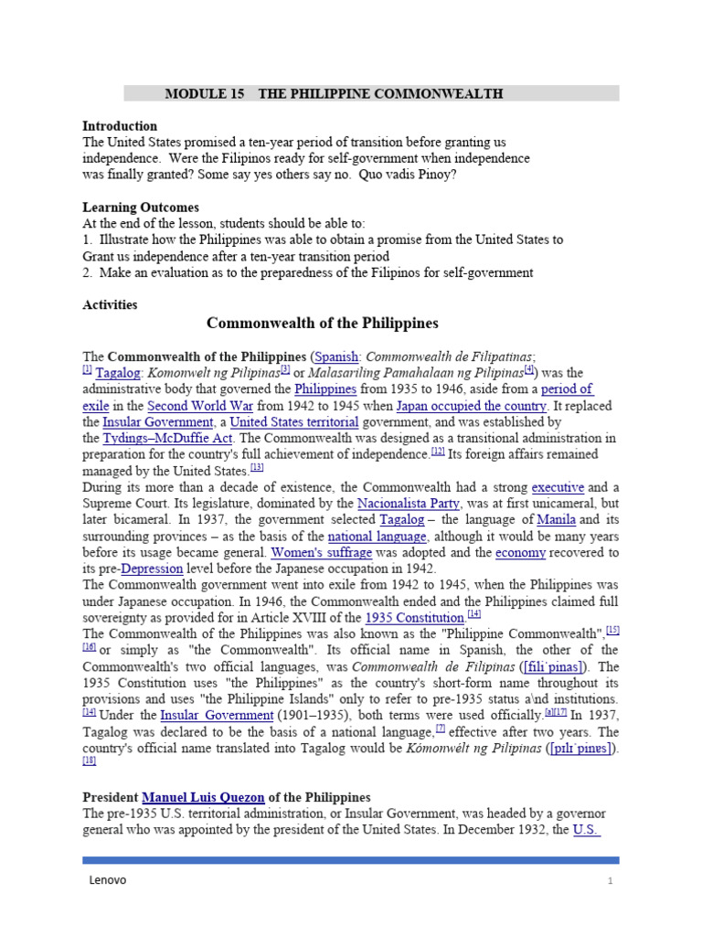 MODULE-15-THE-PHILIPPINE-COMMONWEALTH | PDF | Government | Philippines