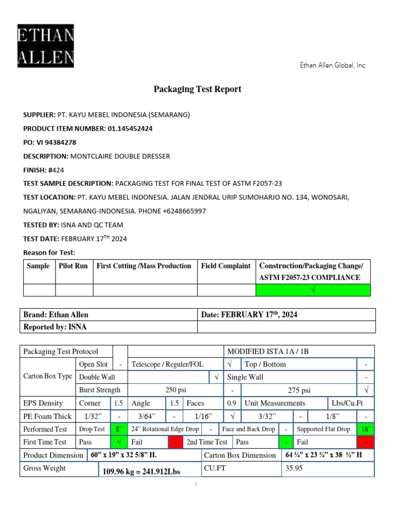 14-5452 Montclaire Double Dresser Packaging Test Report | PDF