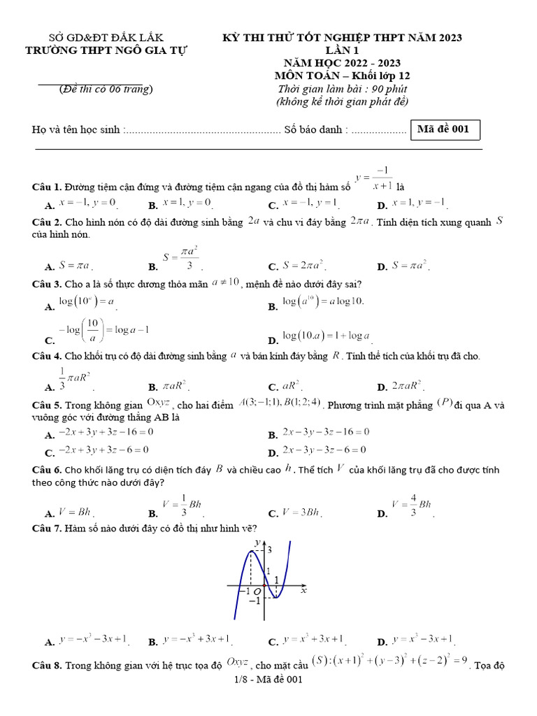 De Thi Thu Toan TN THPT 2023 Lan 1 Truong THPT Ngo Gia Tu Dak Lak | PDF