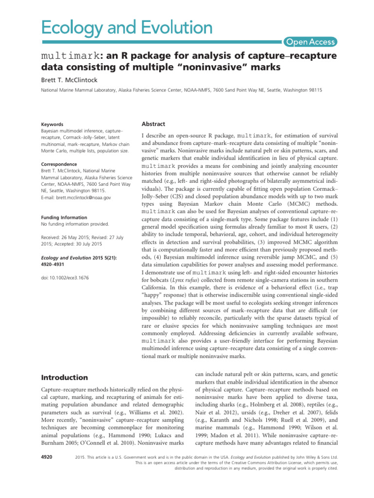 Ecology and Evolution - 2015 - McClintock - Multimark An R Package For Analysis of Capture ...