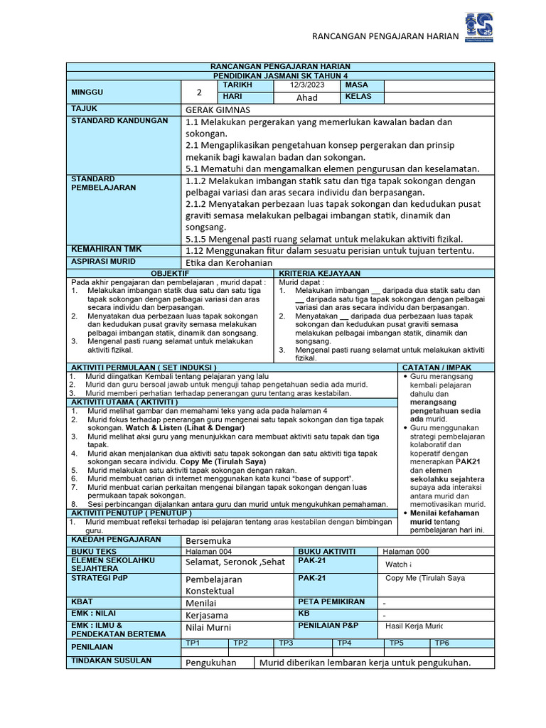 RPH Minggu 2 Pendidikan Jasmani THN 4 2023 by Cikgu Gorgeous | PDF
