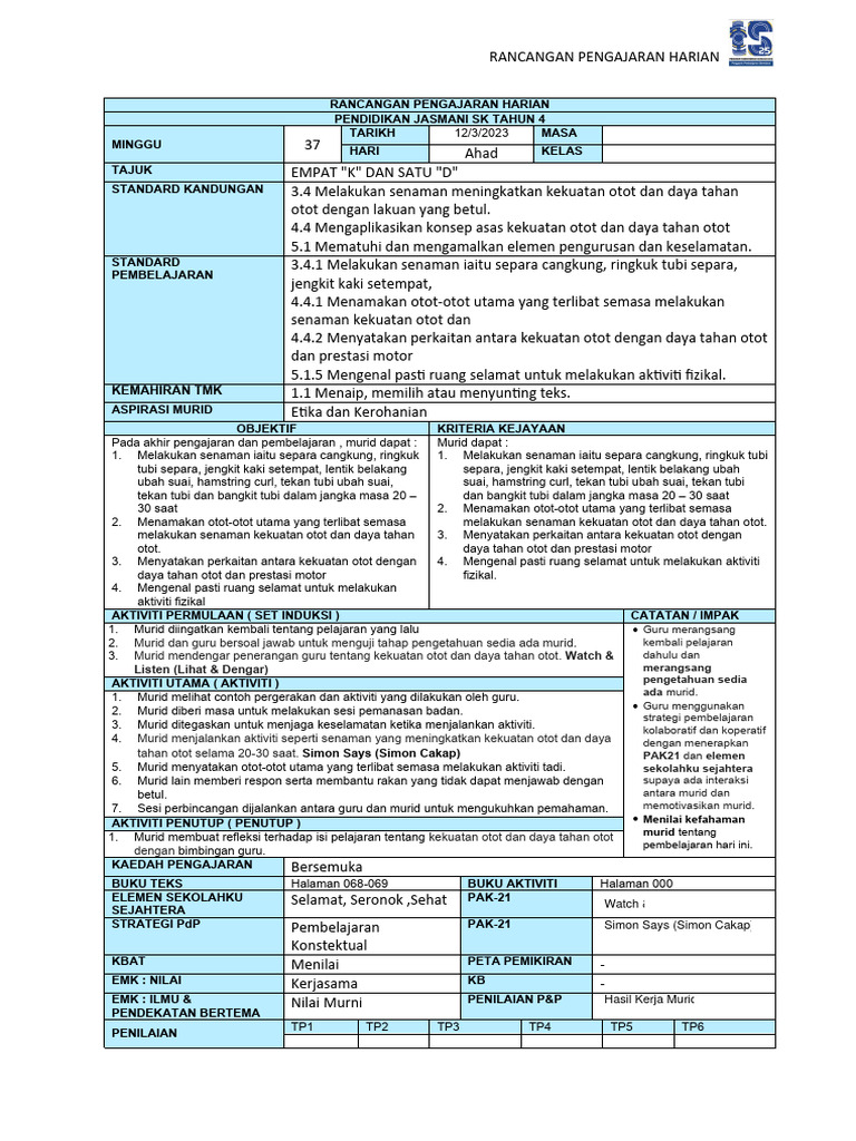 RPH Minggu 37 Pendidikan Jasmani THN 4 2023 by Cikgu Gorgeous | PDF | Karier & Perkembangan