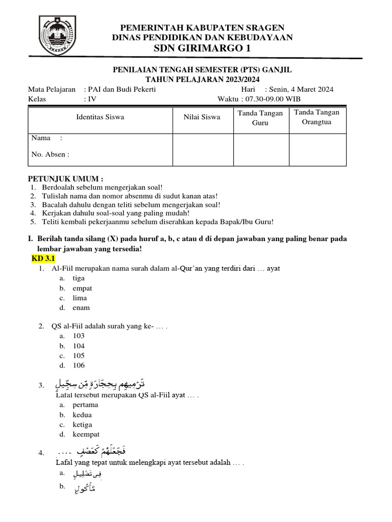 Soal PTS PAI Kelas IV | PDF | Agama & Spiritualitas