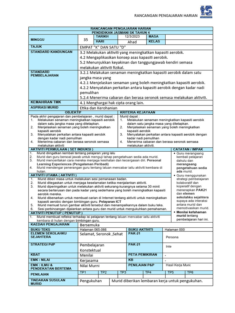 RPH Minggu 35 Pendidikan Jasmani THN 4 2023 by Cikgu Gorgeous | PDF | Karier & Perkembangan