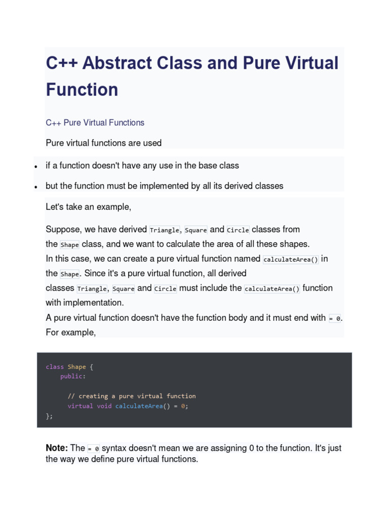 Pure Virtual Function and Abstract Class | PDF | C++ | Class (Computer Programming)