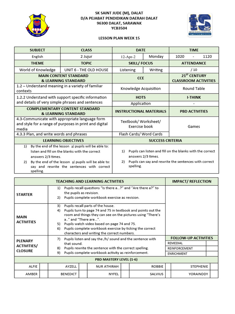 LP TS25 Year 2 Week 15 | PDF | Lesson Plan | Pedagogy