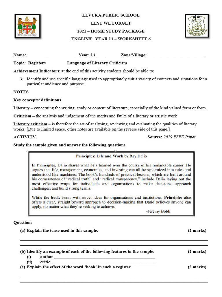 2021 Year 13 English Worksheet 6 Am | PDF | Art