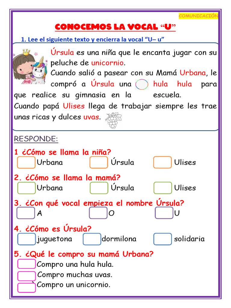Actividades de Lectura con la Vocal U | PDF | Artes del Lenguaje y ...