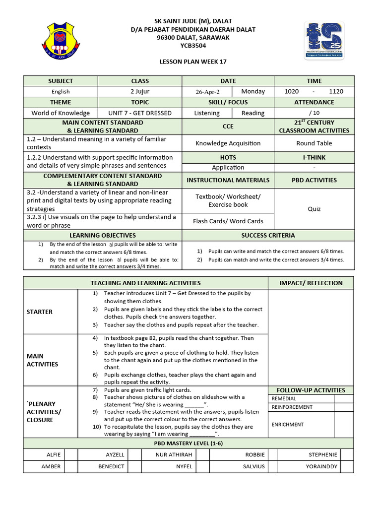 LP TS25 Year 2 Week 17 | PDF | Lesson Plan | Teachers
