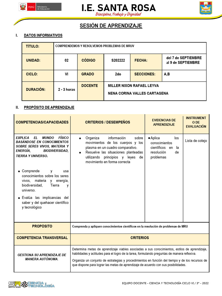 MRUV - Sesion de Aprendizaje | PDF
