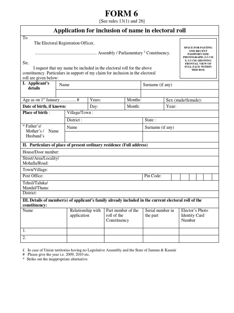 Form 6: Application For Inclusion of Name in Electoral Roll | PDF ...