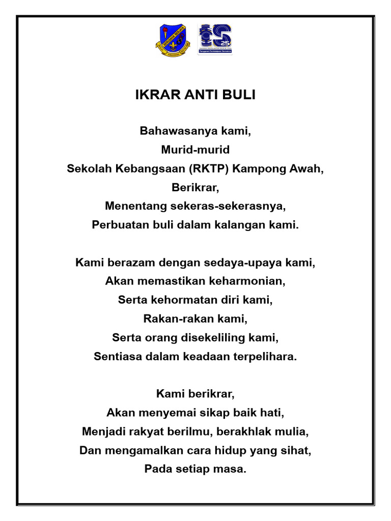 Ikrar Anti Buli Sekolah Kebangsaan | PDF | Gaya Hidup
