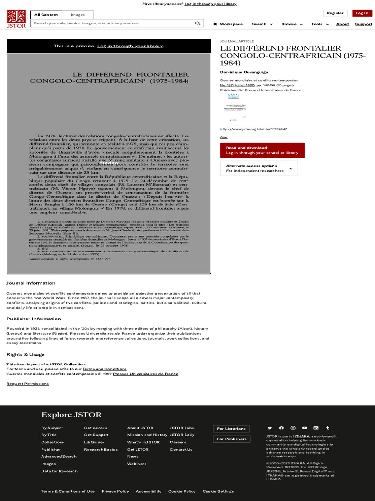 Le Différend Frontalier Congolo-Centrafricain (1975-1984) On Jstor | PDF