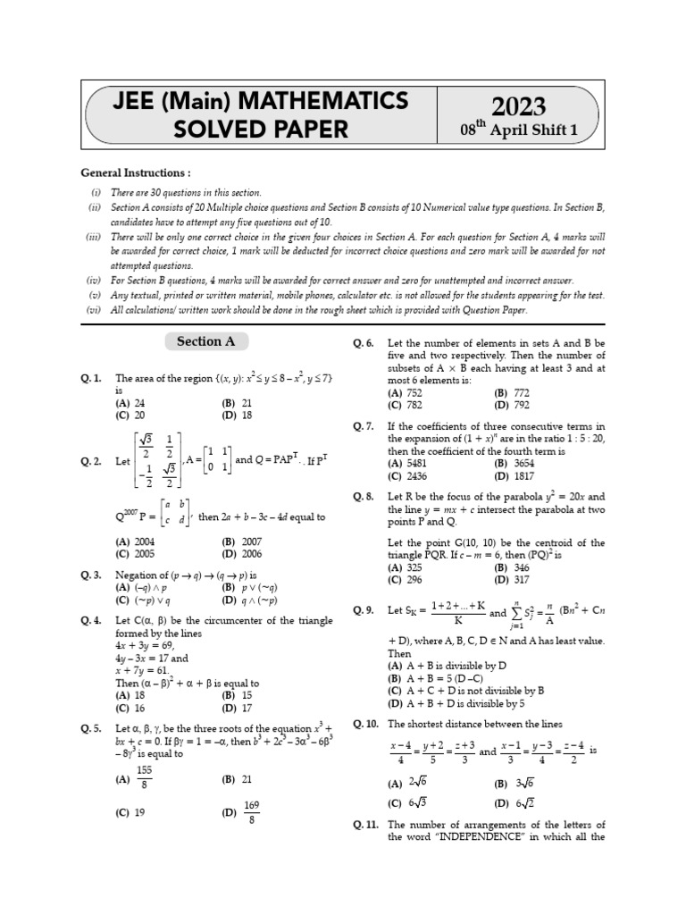 JEE Main Mathematics-Both Shift | PDF | Integral | Geometry