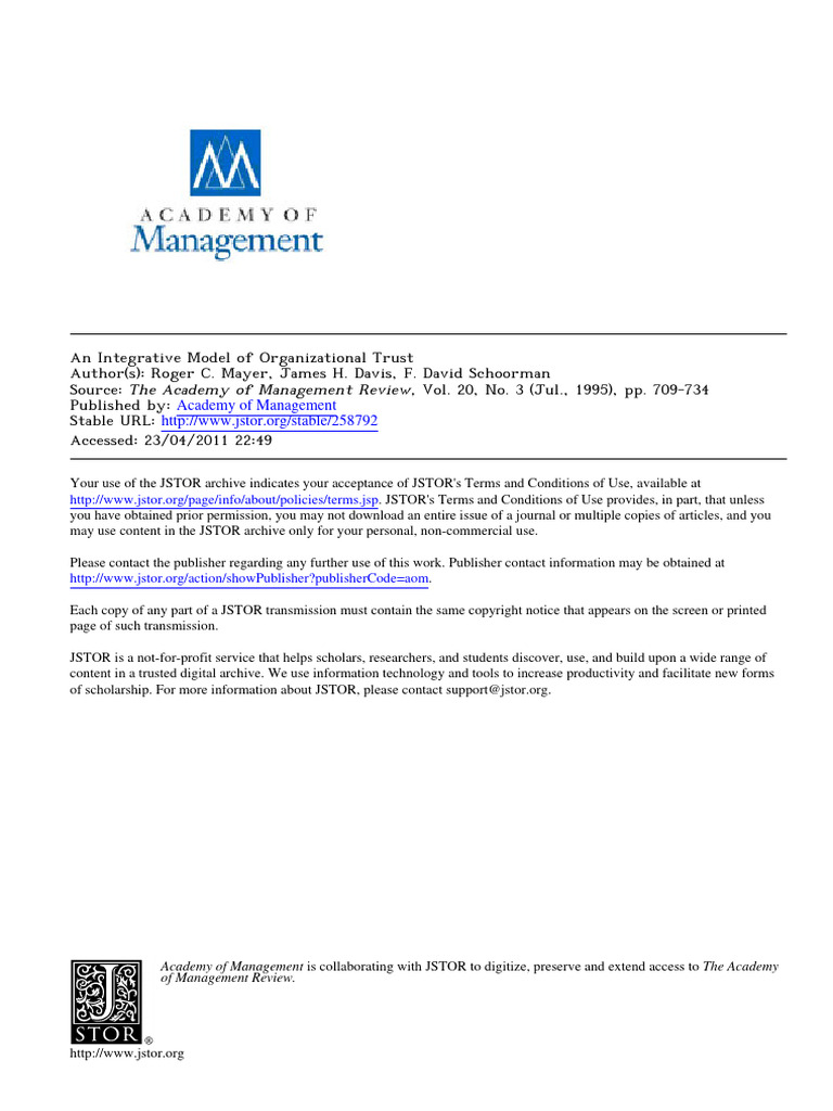 An intergrative model of organizational trust - Mayer 1995 | PDF