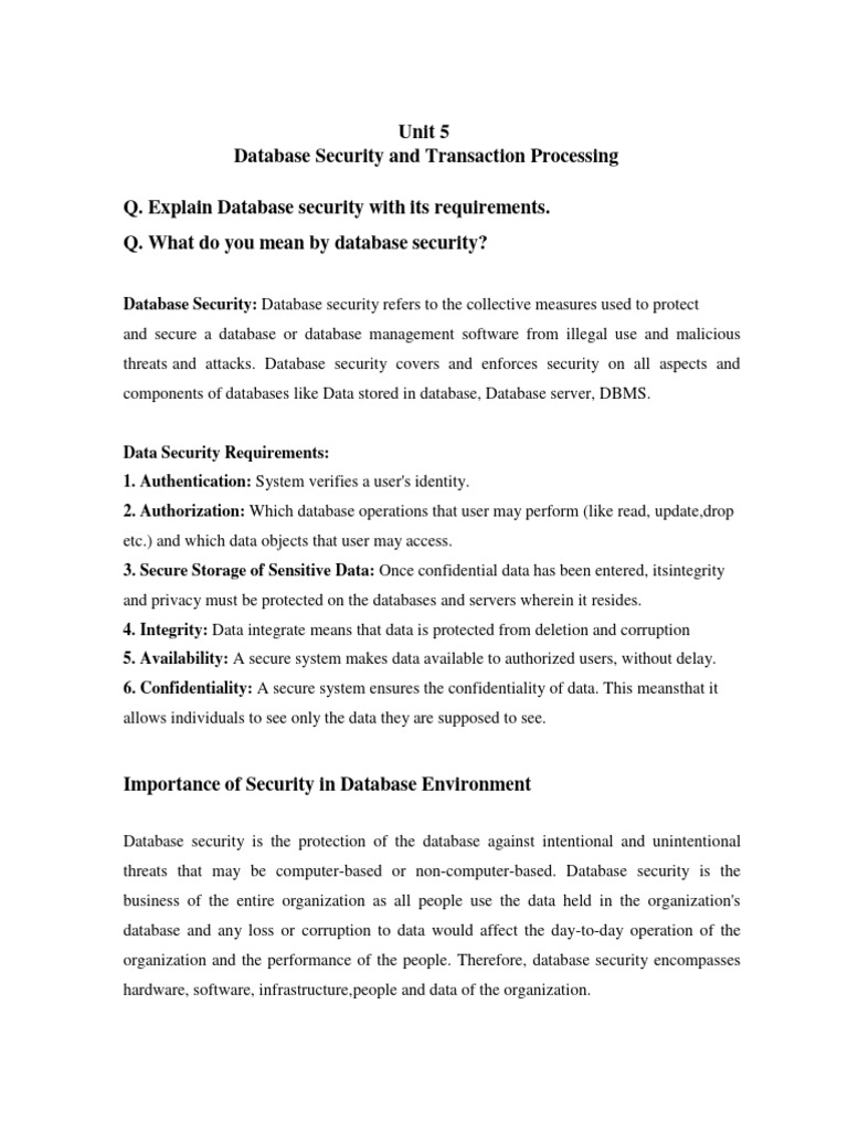 Unit - 5-Database Security Transaction Processing | PDF | Business | Computers