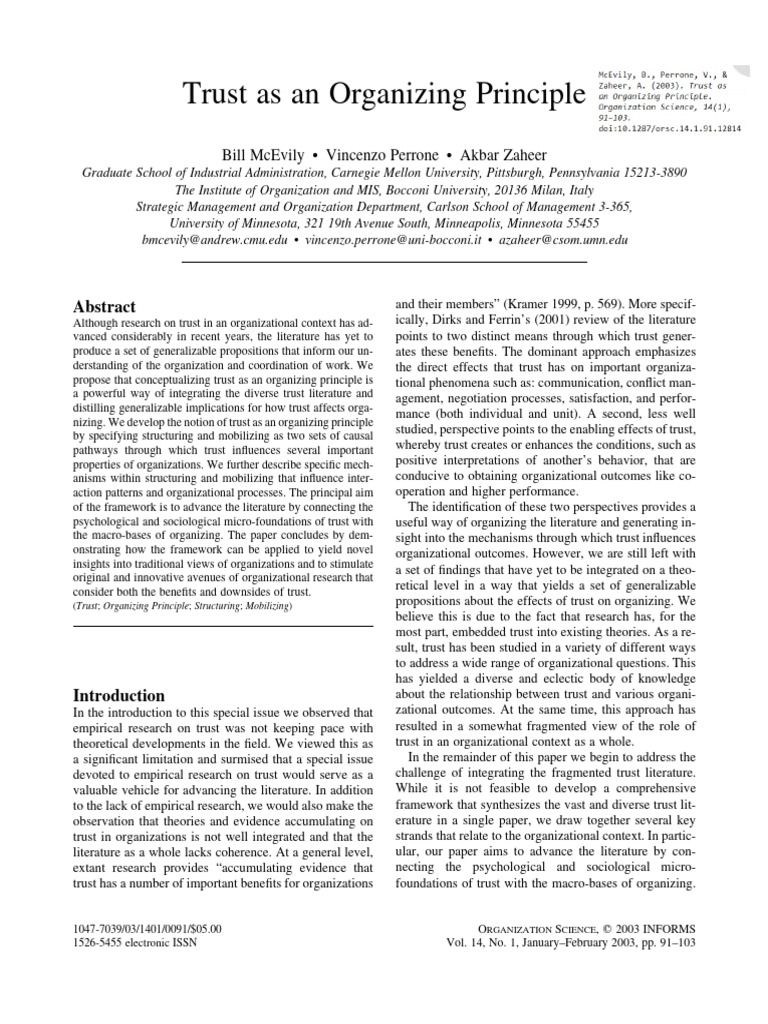 Trust As An Organizing Principle - Mcevily2003 | PDF