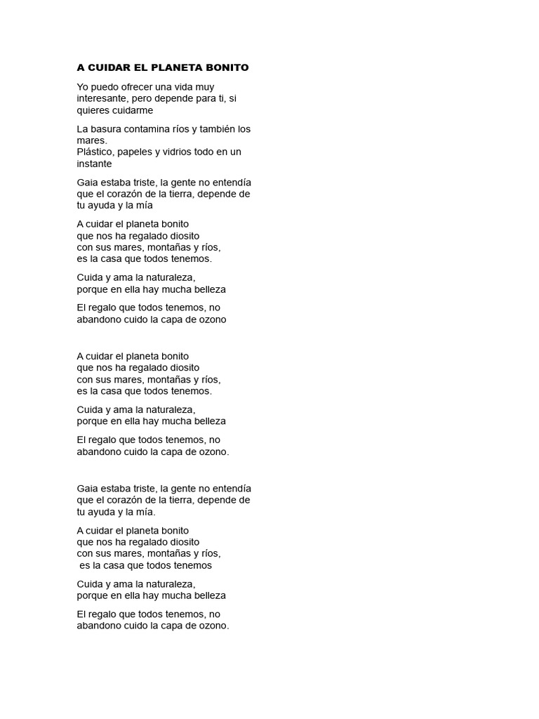 A Cuidar El Planeta Bonito - Cancion | PDF