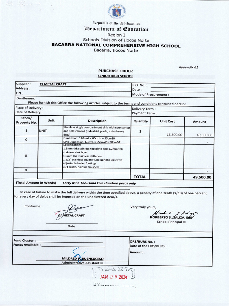 Batch 1 BacarraNCHS (SHS) PO January 2024 | PDF