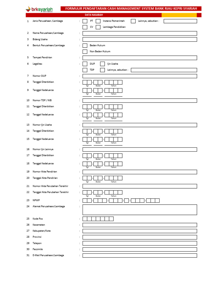 1 Formulir Pendaftaran CMS BRK SYARIAH | PDF | Hukum