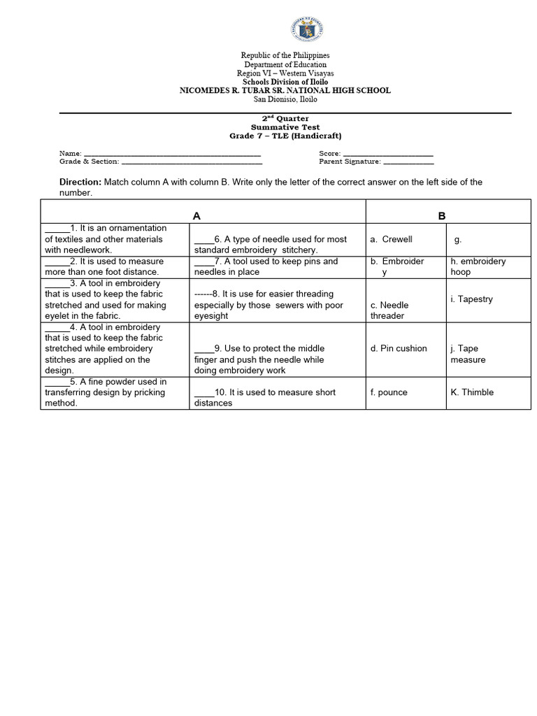 Grade 7 TLE Handicraft Test | PDF | Embroidery | Sewing