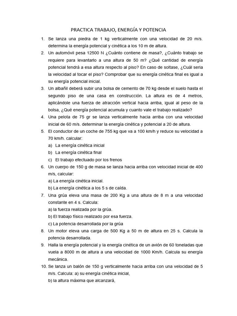 Practica Trabajo, Energia y Potencia | PDF | Masa | Energía potencial