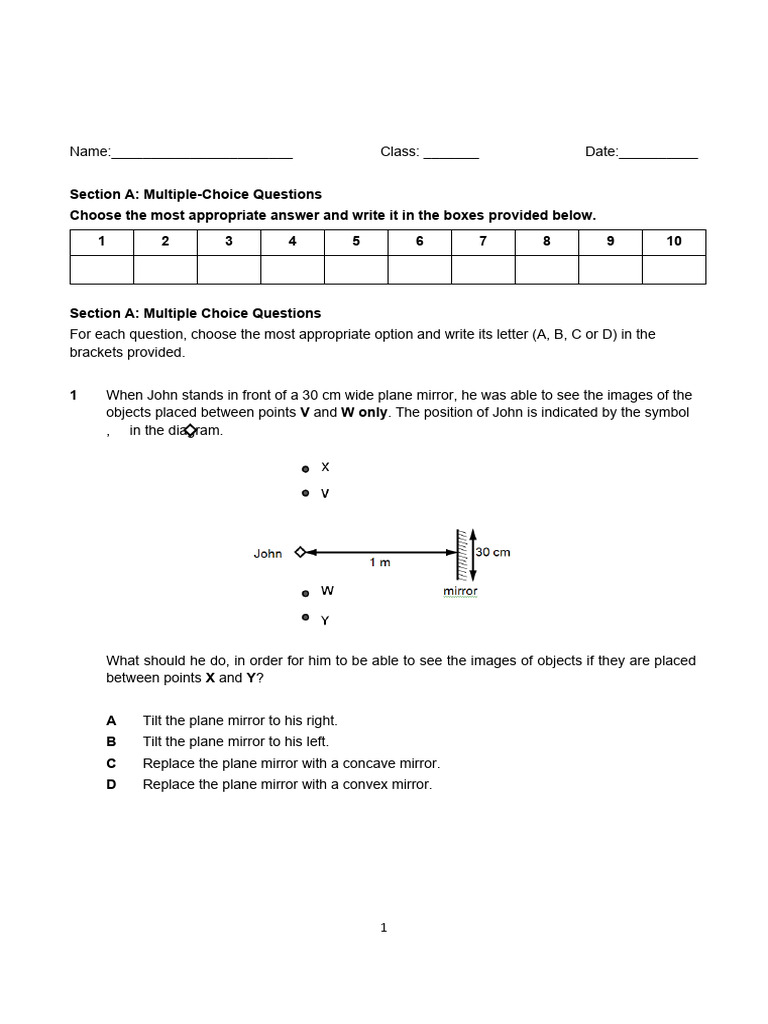 Chapter 9 Revision Worksheet | PDF | Mirror | Atomic