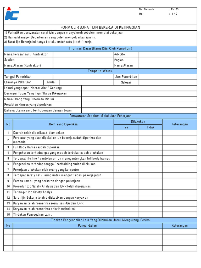 FM 065 Form Surat Ijin Bekerja Di Ketinggian | PDF