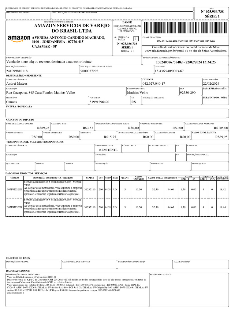 Danfe 1 | PDF | Recibo | Impostos