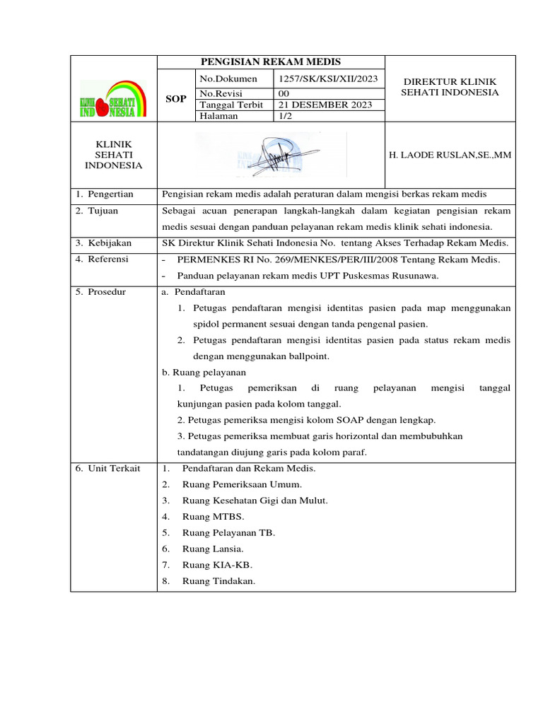 Sop Pengisian Rekam Medis | PDF