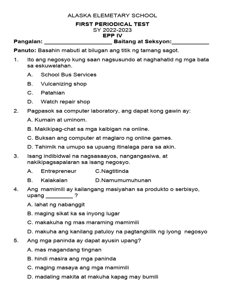 First Periodical Test Epp 4 | PDF