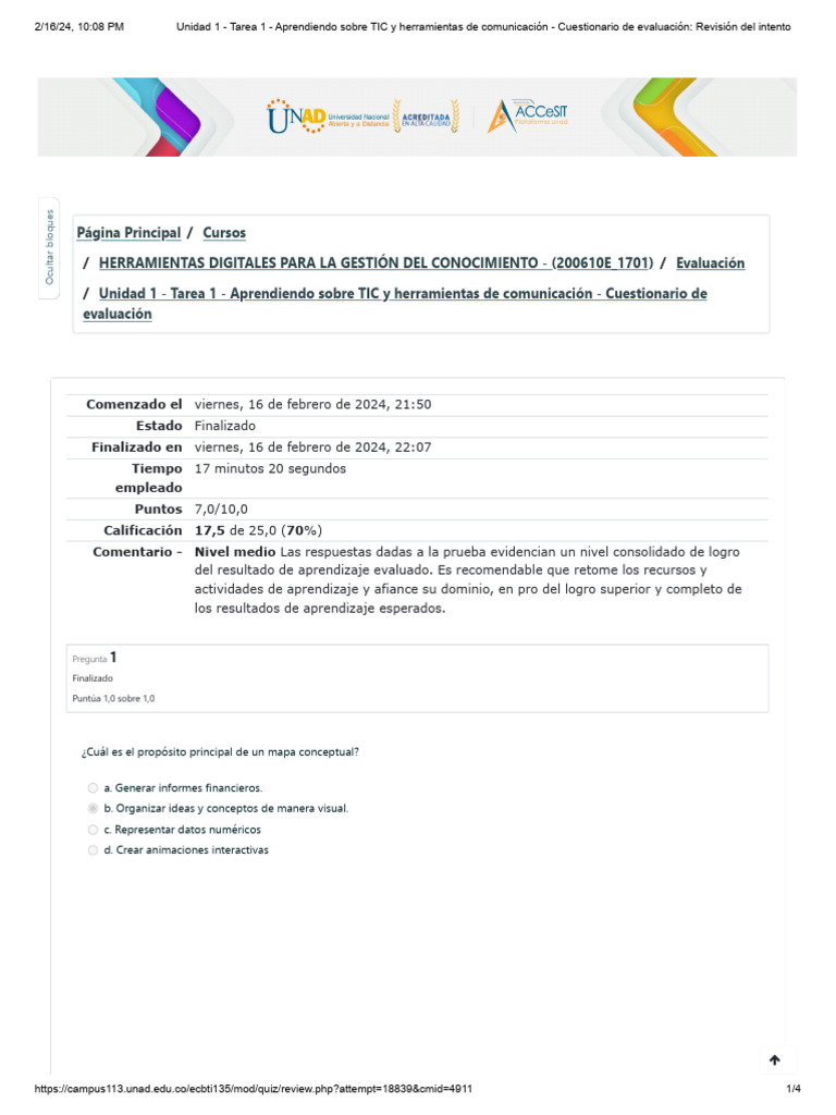 Unidad 1 - Tarea 1 - Aprendiendo Sobre TIC y Herramientas de Comunicación - Cuestionario de ...