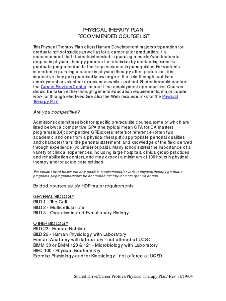 Physical Therapy Plan Recommended Course List: Are You Competitive ...