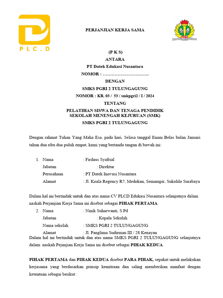 Draft PKS PT Datek Inovasi Nusantara 2024 | PDF