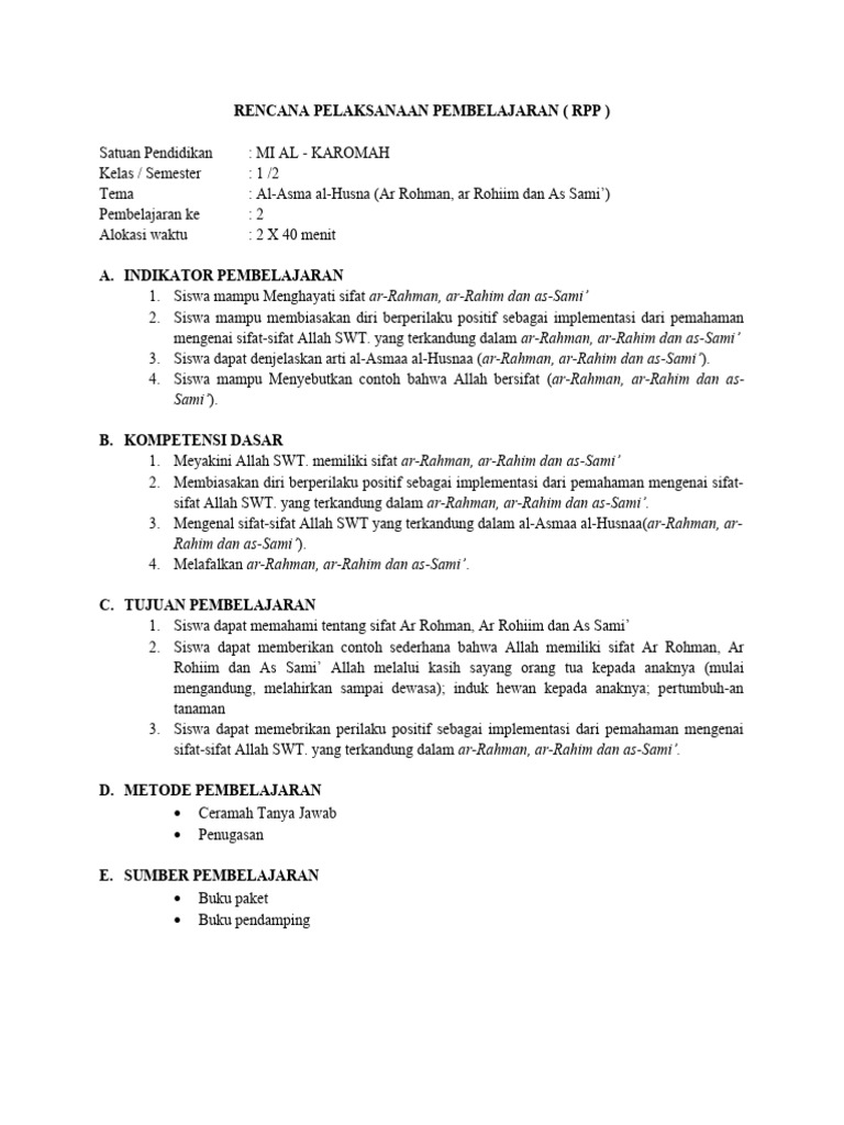 Kelas 1 - RPP - Akidah Ahlak - Al-Asma Al-Husna (Ar Rohman, Ar Rohim ...
